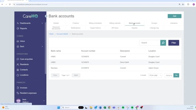 Adding a bank account · CareHQ · A CRM application for UK care providers