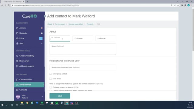 Adding a key contact to a resident record · CareHQ · A CRM application ...