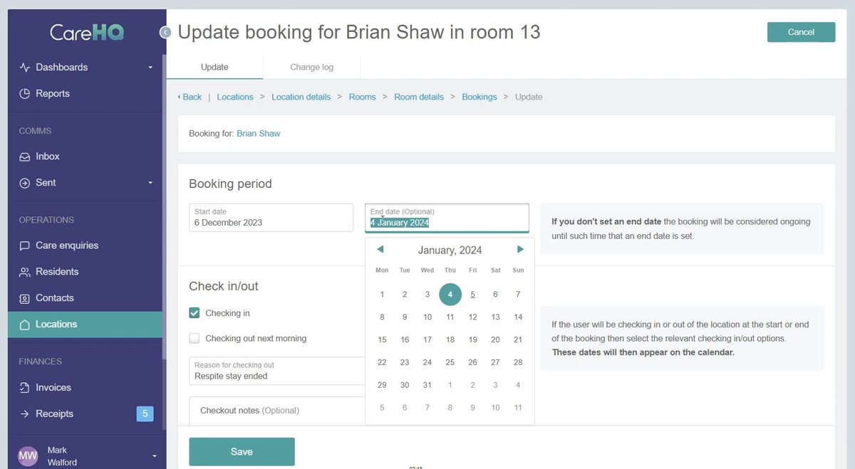 How to cancel an automated resident discharge · CareHQ · A CRM application for UK care providers