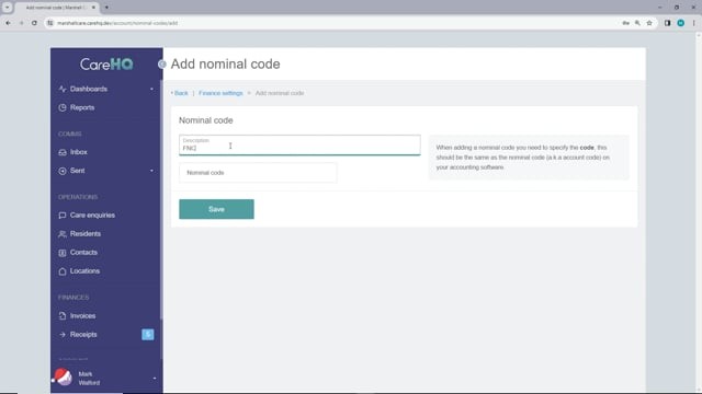 Managing nominal codes · CareHQ · A CRM application for UK care providers