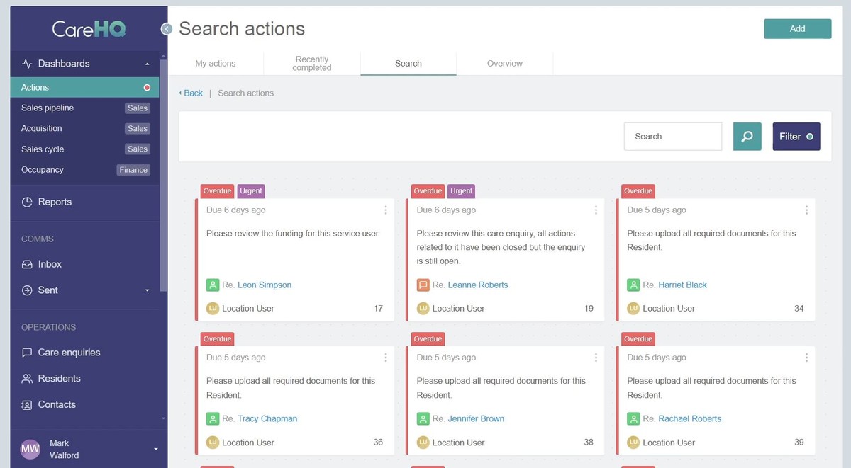 Care enquiries without an action · CareHQ · A CRM application for UK care providers