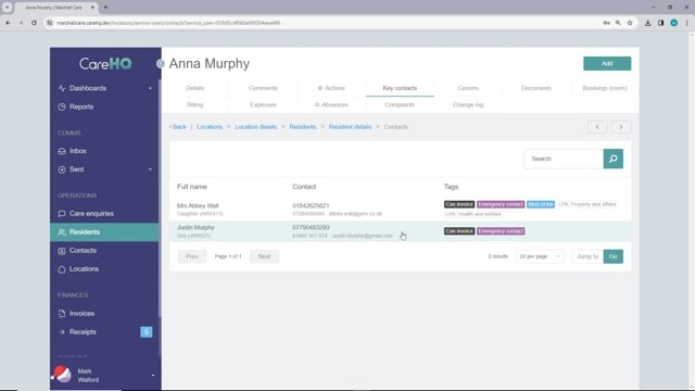 Setting up billing for a resident's key contract · CareHQ · A CRM ...