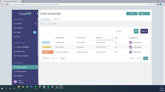 Transferring a care enquiry to another location · CareHQ · A CRM ...