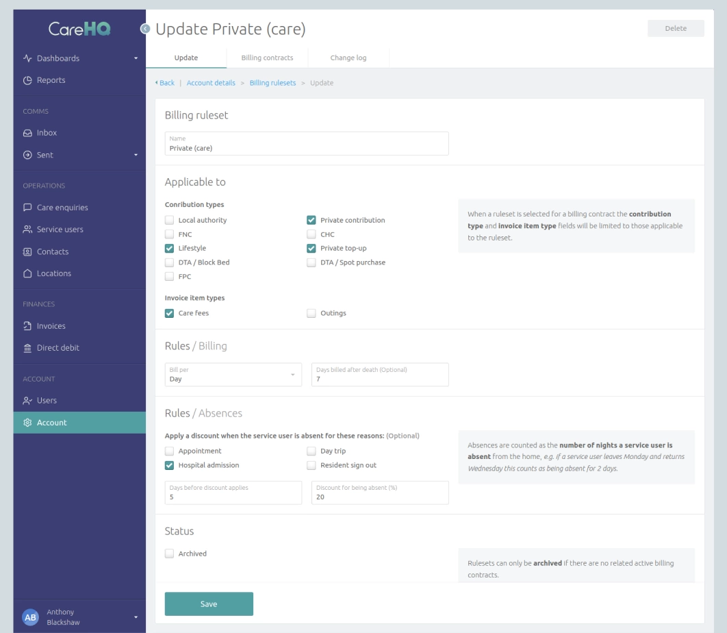Configuring billing rulesets · CareHQ · A CRM application for UK care providers