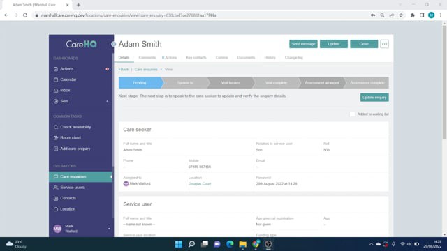 Updating a care enquiry · CareHQ · A CRM application for UK care providers